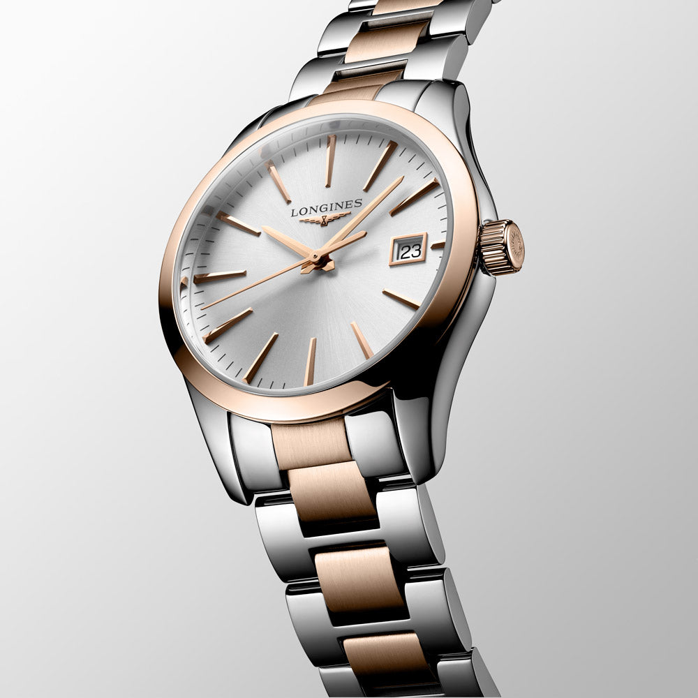 Longines Conquest Classic 34mm Silver Dial Red PVD Steel Ladies Quartz