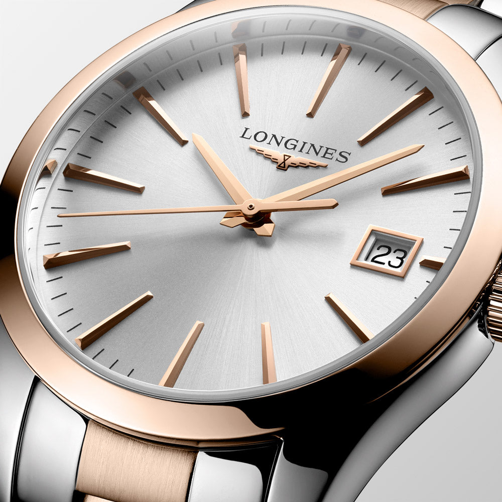 Longines Conquest Classic 34mm Silver Dial Red PVD Steel Ladies Quartz